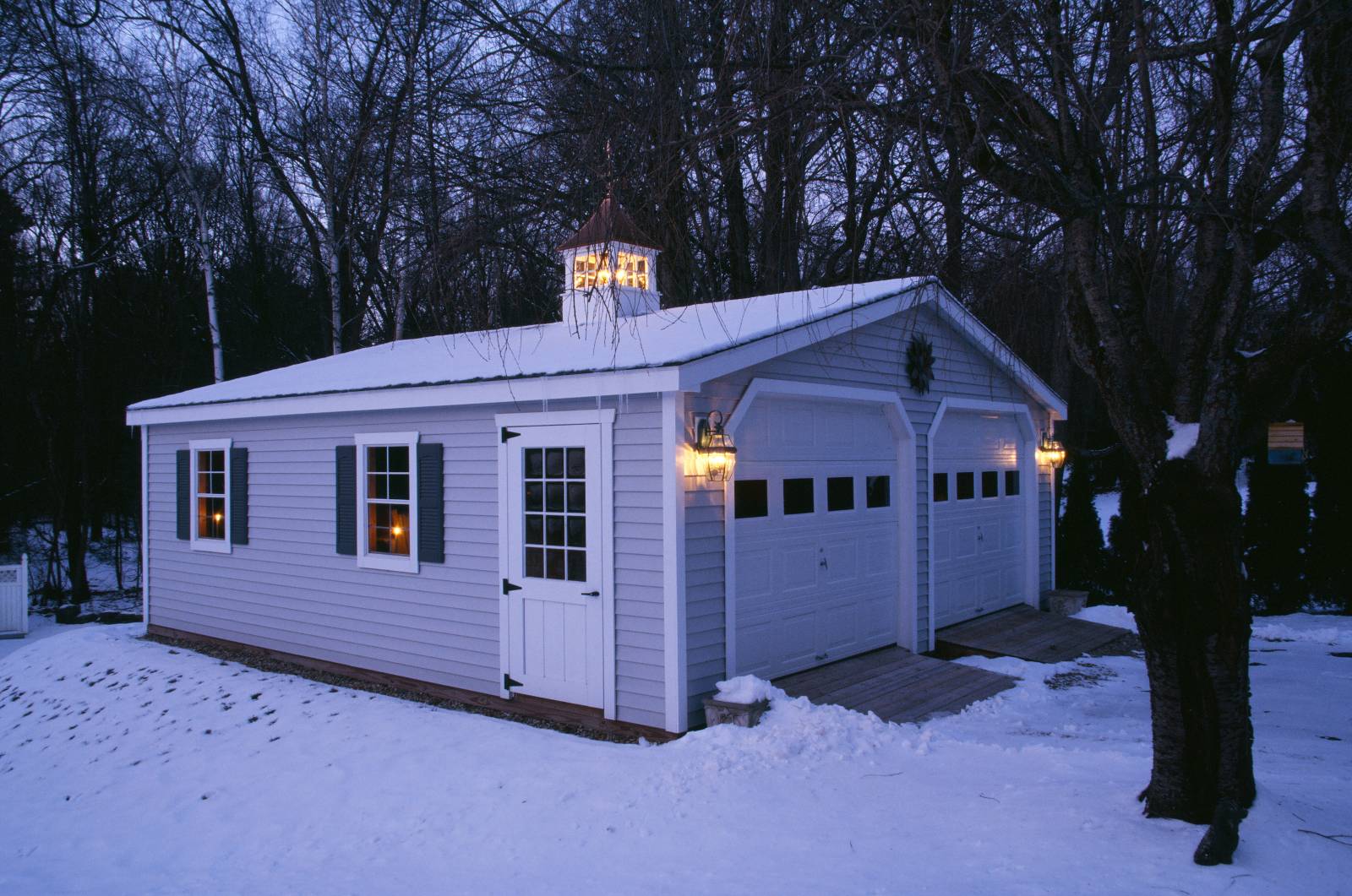 Snow-Covered Classic Double Bay Garage | The Barn Yard