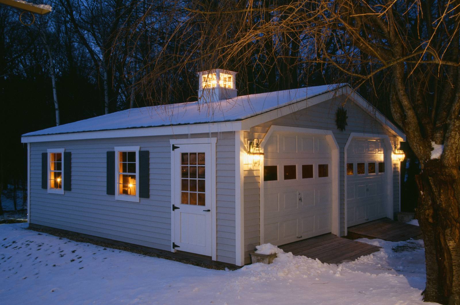 Snow-Covered Classic Double Bay Garage | The Barn Yard